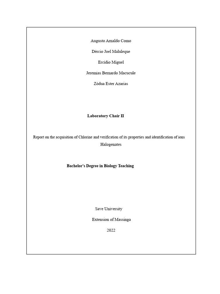 Report on the Obtaining of Chlorine and Identification of Halide Ions ...