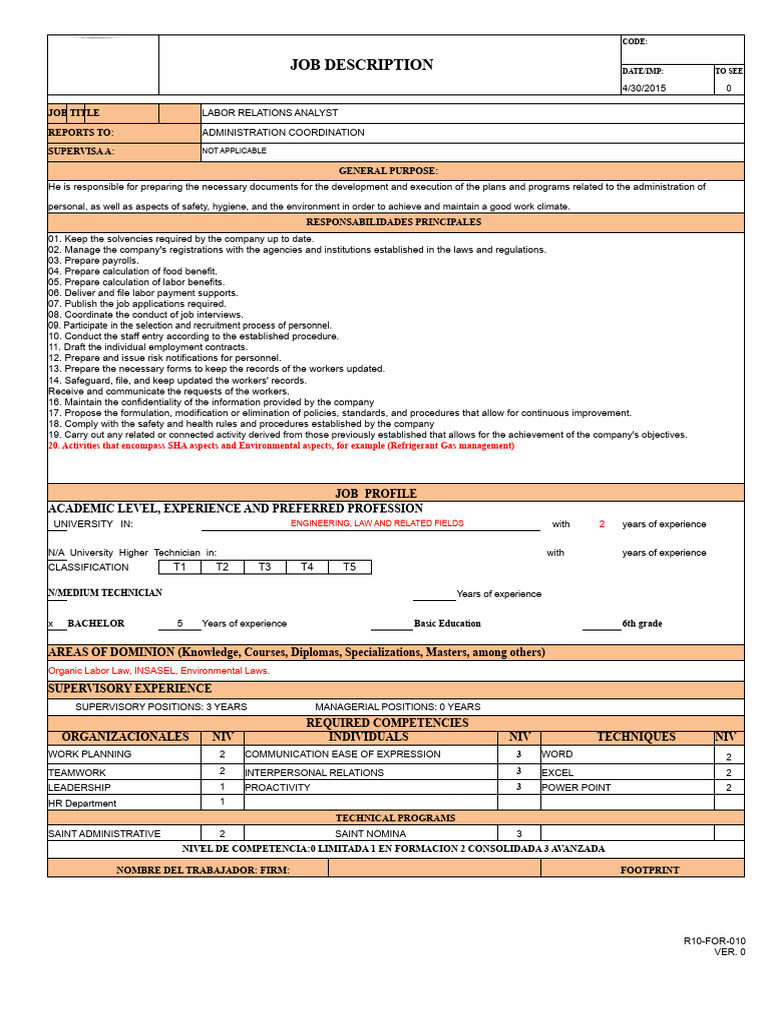 Job Description Labor Relations Analyst | PDF | Employment | Recruitment