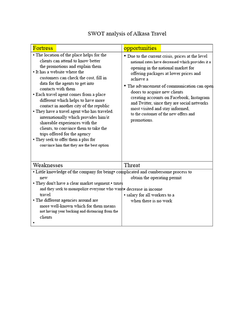 SWOT Analysis of Alkasa Travel Agency | PDF | Tourism | Swot Analysis