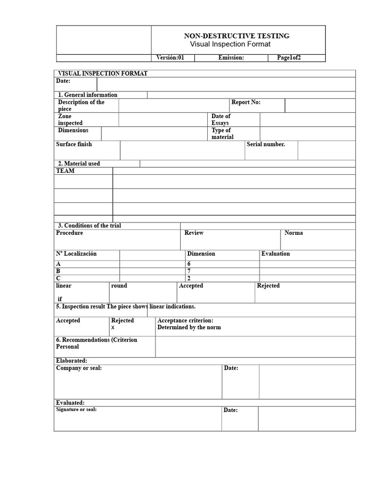 Inspection Format For Visual Inspection | PDF