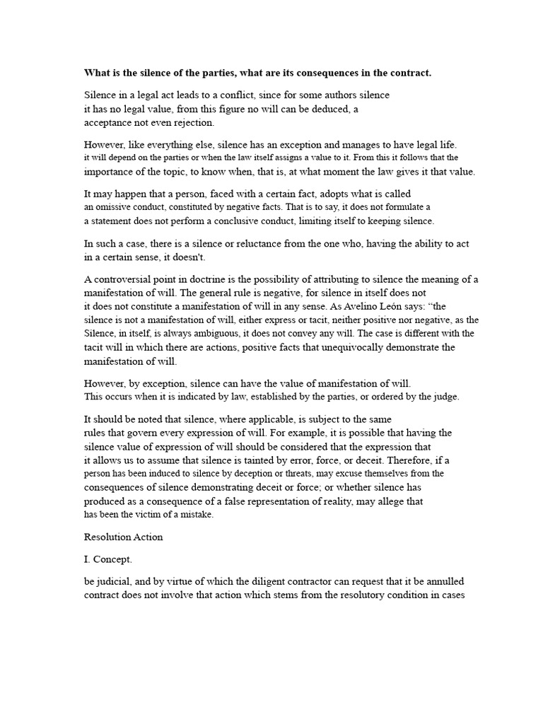 What is the silence of the parties, RESOLUTORY ACTION | PDF | Risk ...