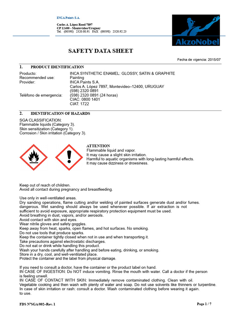 INCA Synthetic Enamel Safety Data Sheet | PDF | Dermatitis | Toxicity