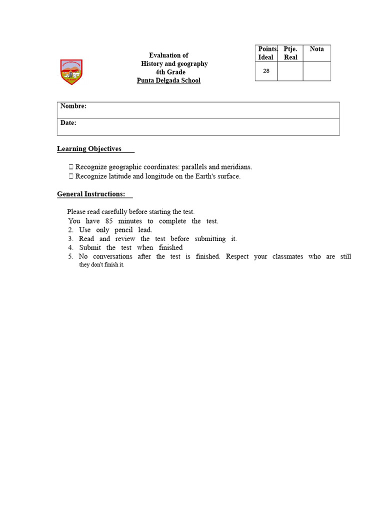 Fourth grade latitude test | PDF