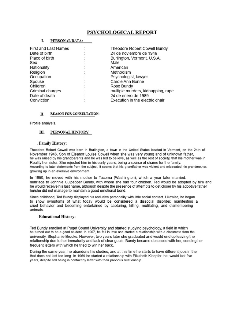 Psychological Report Ted Bundy | PDF | Narcissism | Behavioural Sciences