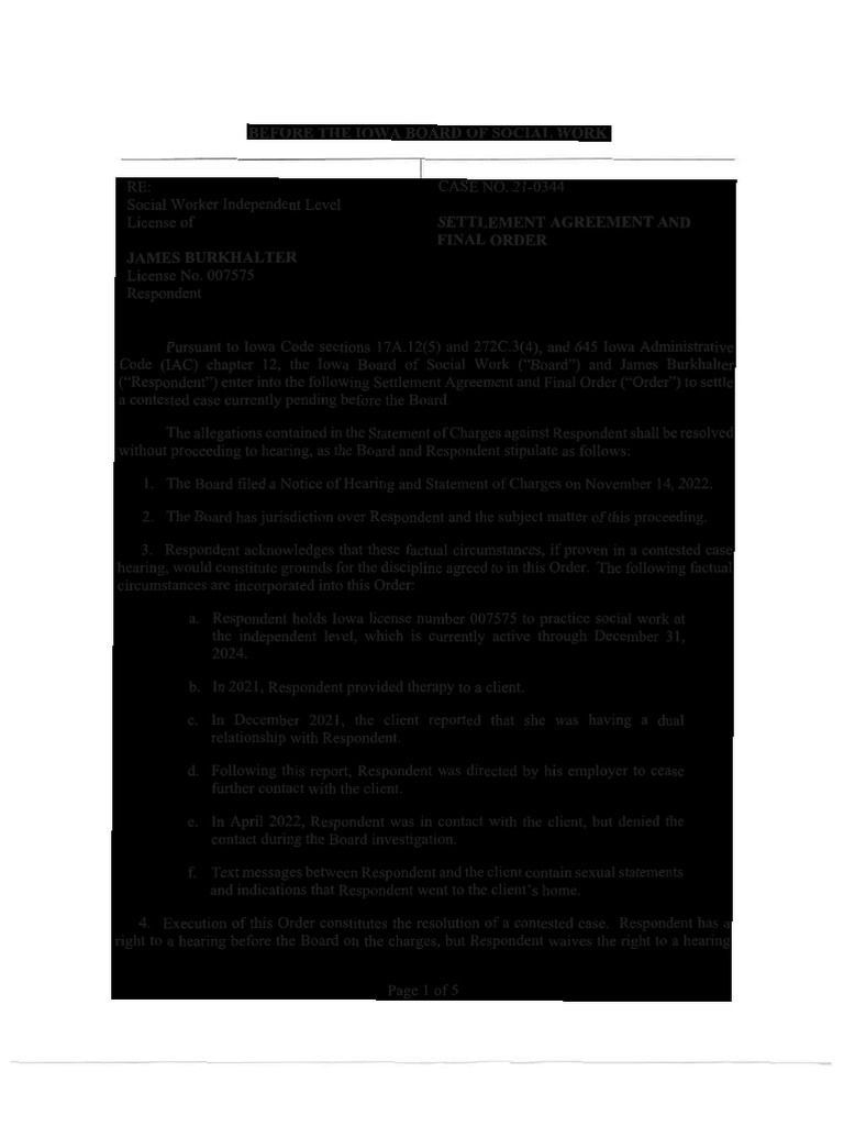 Acuerdo Entre James Burkhalter y La Junta de Trabajo Social de Iowa | PDF