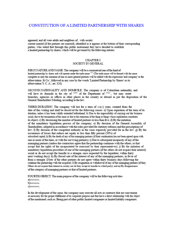 Limited Partnership Constitution Document | PDF | Limited Partnership ...