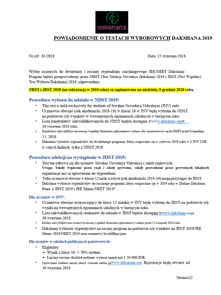 Test Selekcyjny Dakshana 2019 | PDF