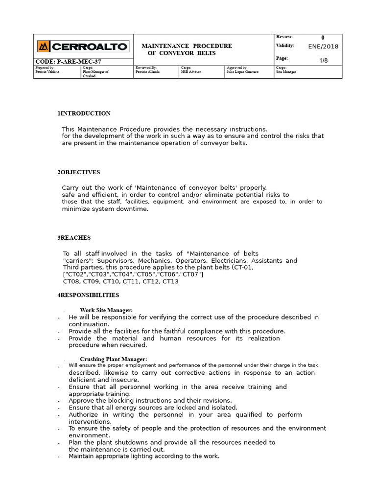 Conveyor Belt Maintenance Procedure | PDF | Regulatory Compliance ...