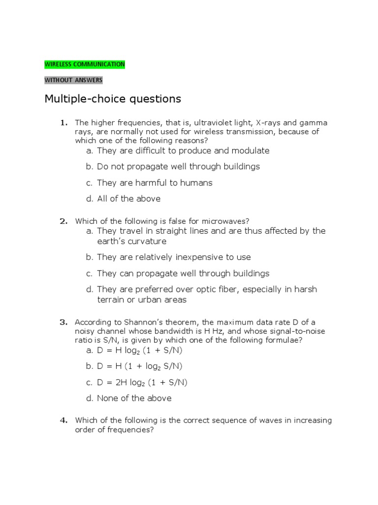 Multiple Choice Questions Wireless Communication Without Answers Pdf