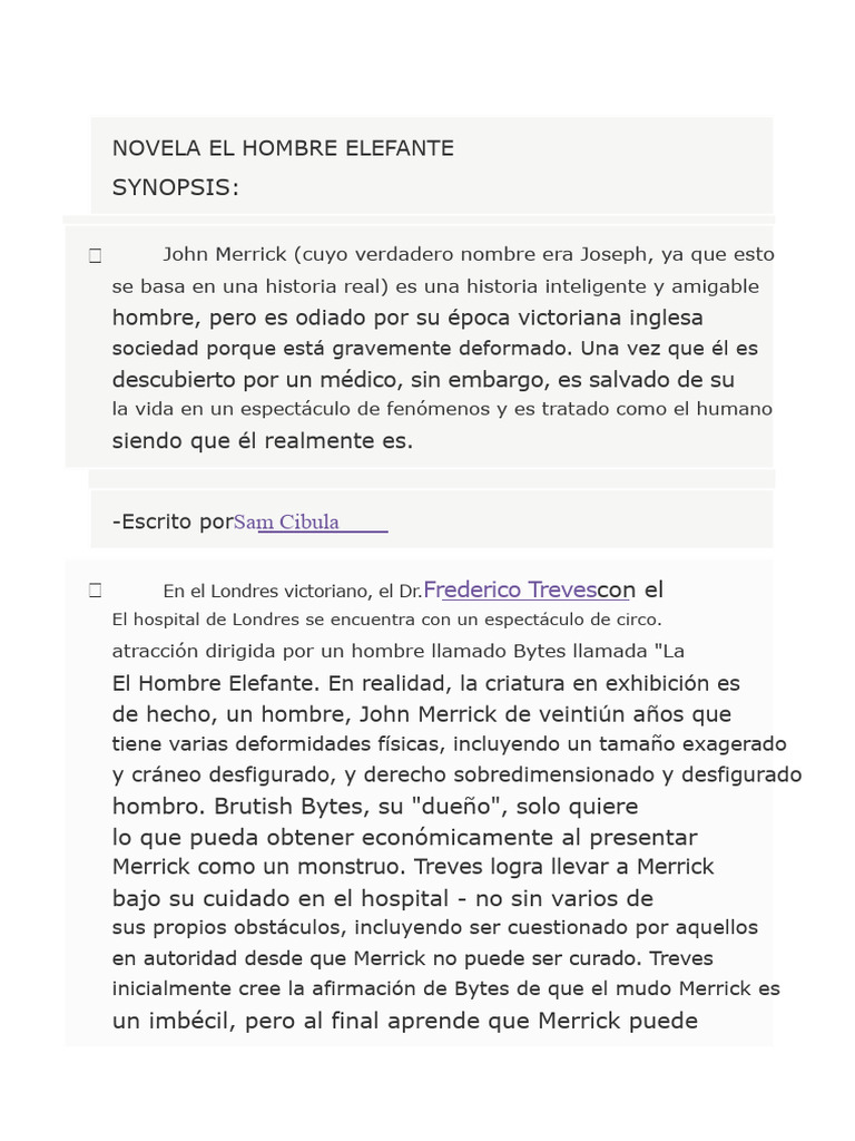 La historia de John Merrick: El Hombre Elefante | PDF