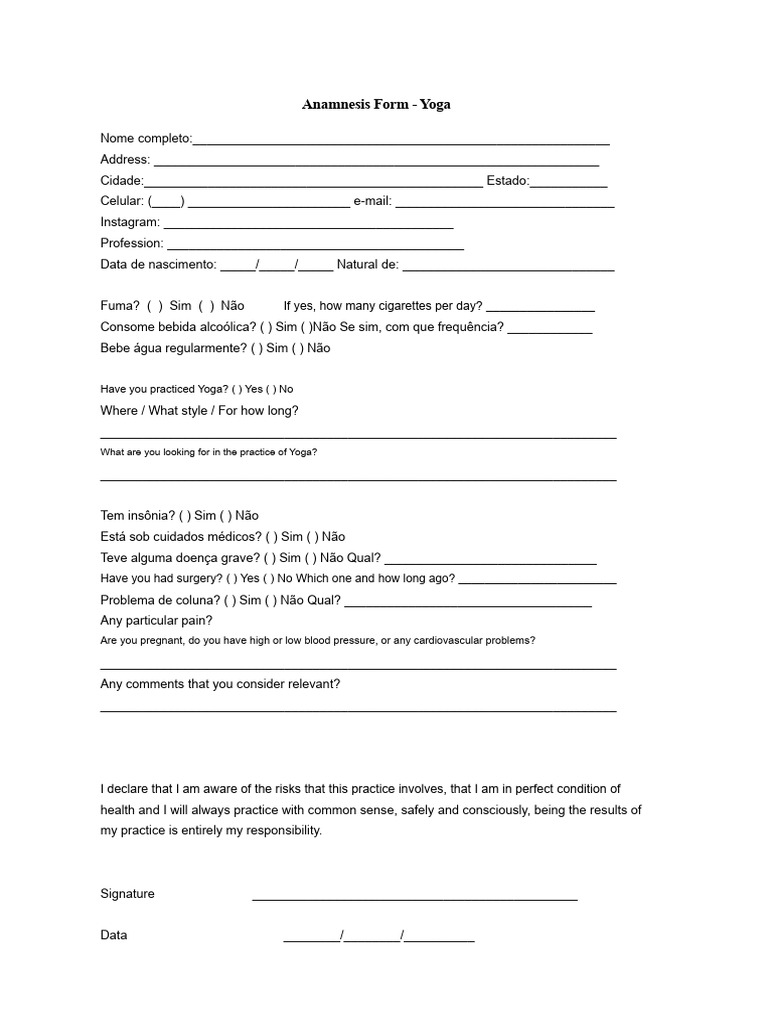 Anamnesis Form - Yoga | PDF