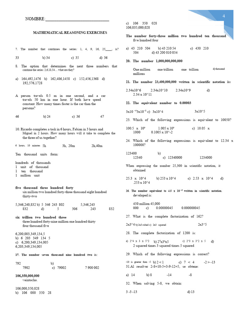 Mathematical Reasoning Exercises Guide | PDF | Odds | Arithmetic