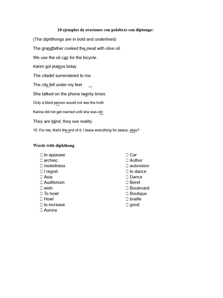 10 Examples of Sentences with Words Containing Diphthongs | PDF