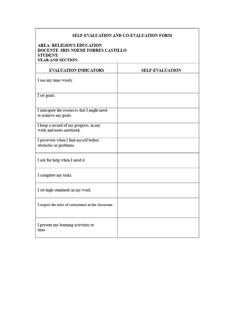 SELF-EVALUATION AND CO-EVALUATION FORM.docx | PDF