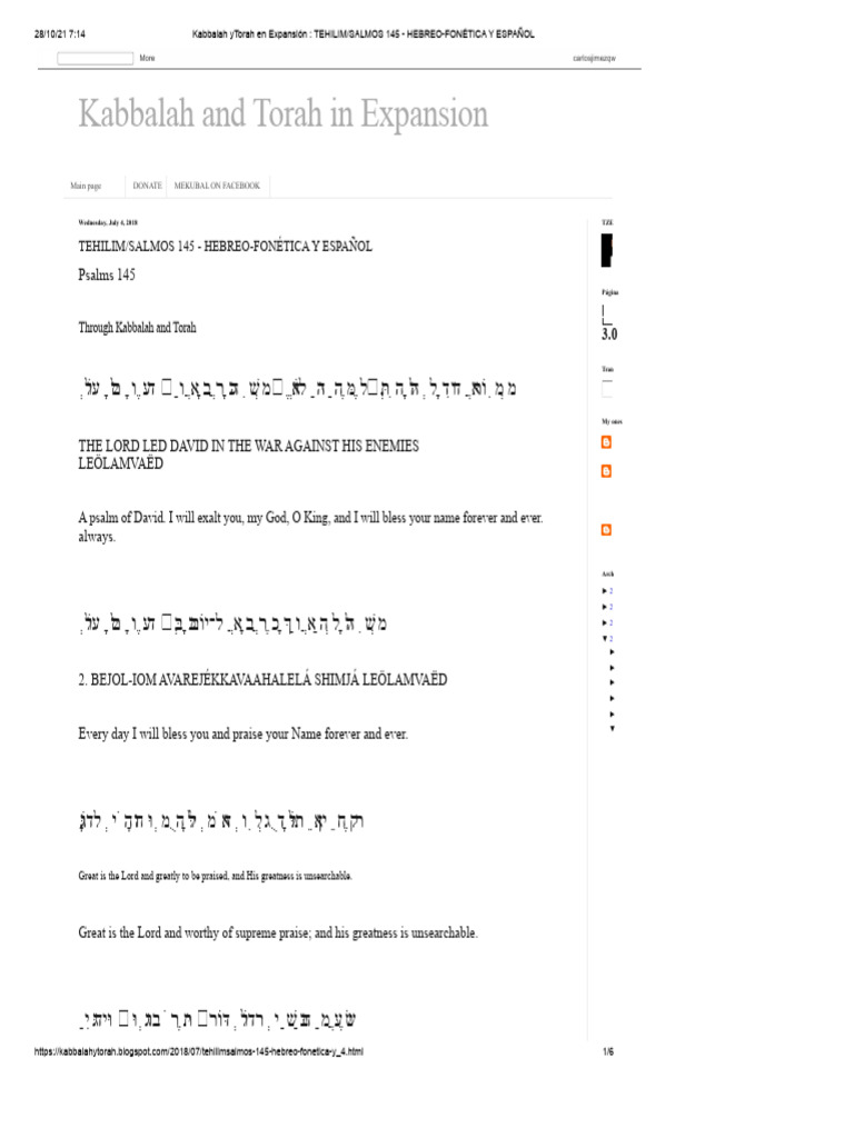 Tehilim 145: Hebreo y Español | PDF | Old Testament Books | Books Of ...