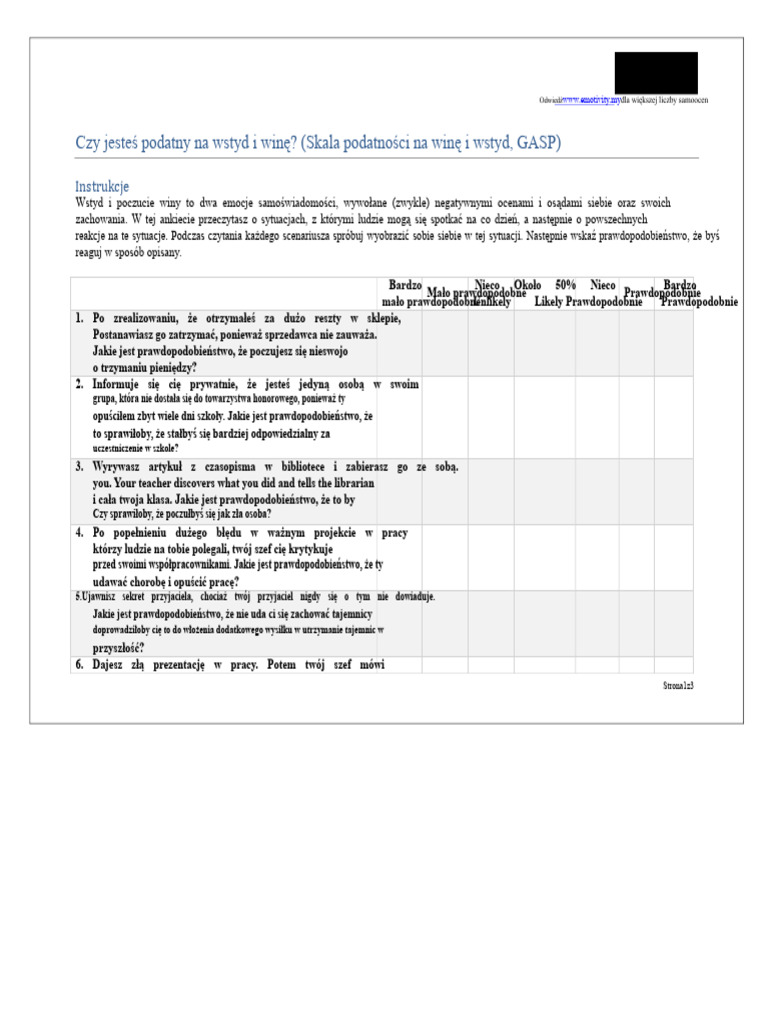 Skala Skłonności Do Winy I Wstydu GASP | PDF