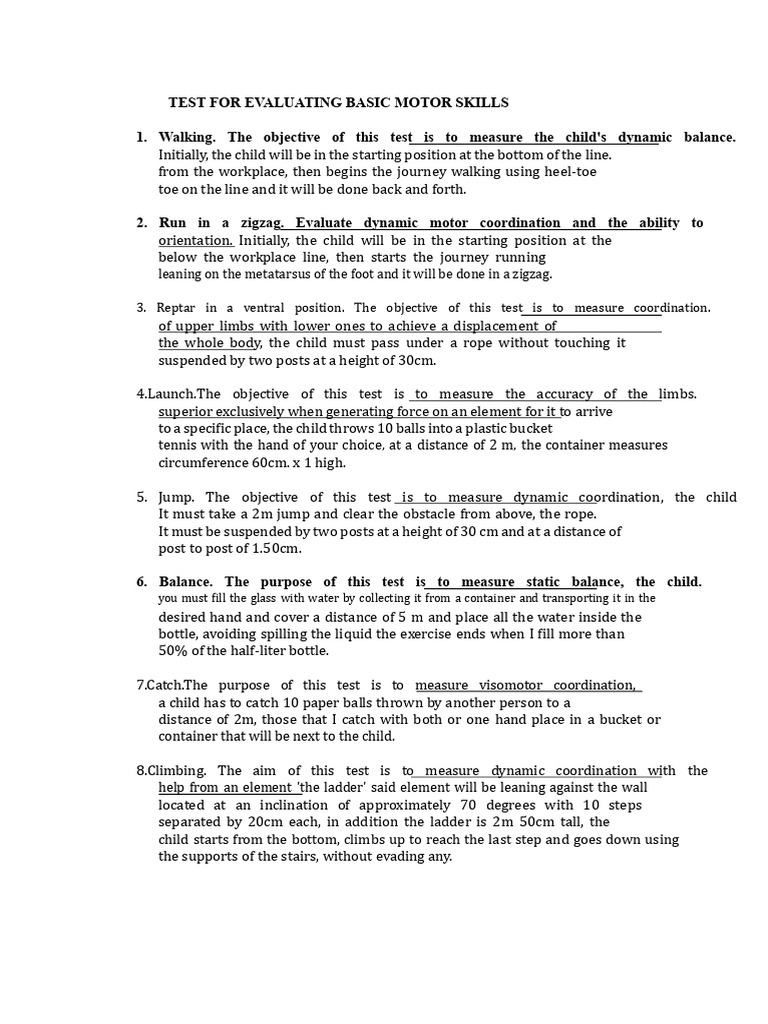 Basic Motor Skills Evaluation Tests | PDF