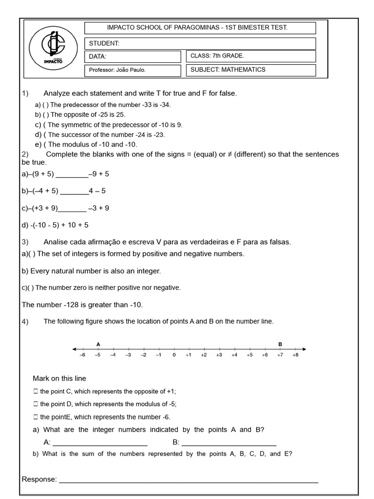7th Grade Math Test - 1st Bimester | PDF