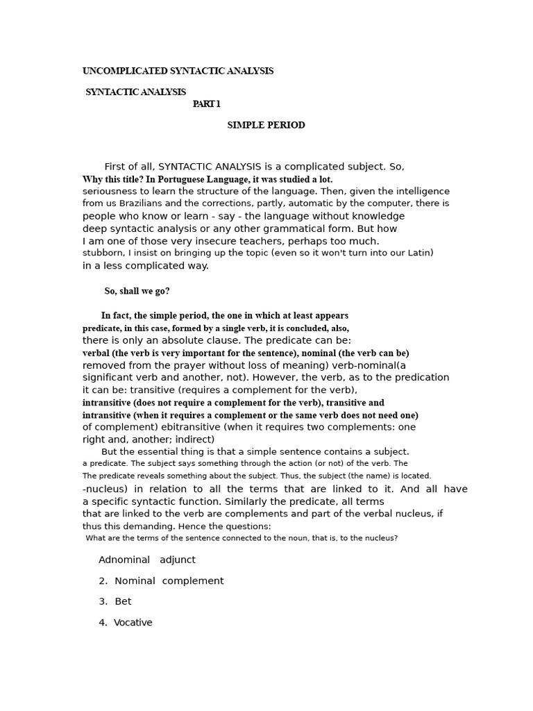 UNCOMPLICATED SYNTAX ANALYSIS | PDF | Verb | Subject (Grammar)