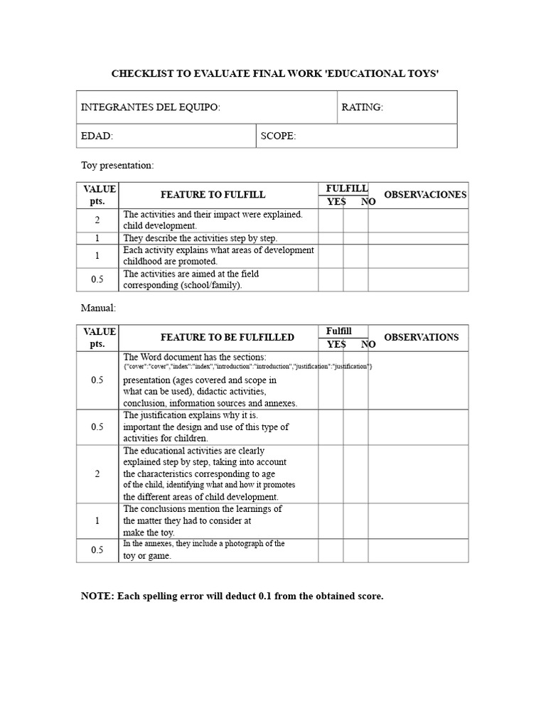 Educational Toys Evaluation Checklist | PDF