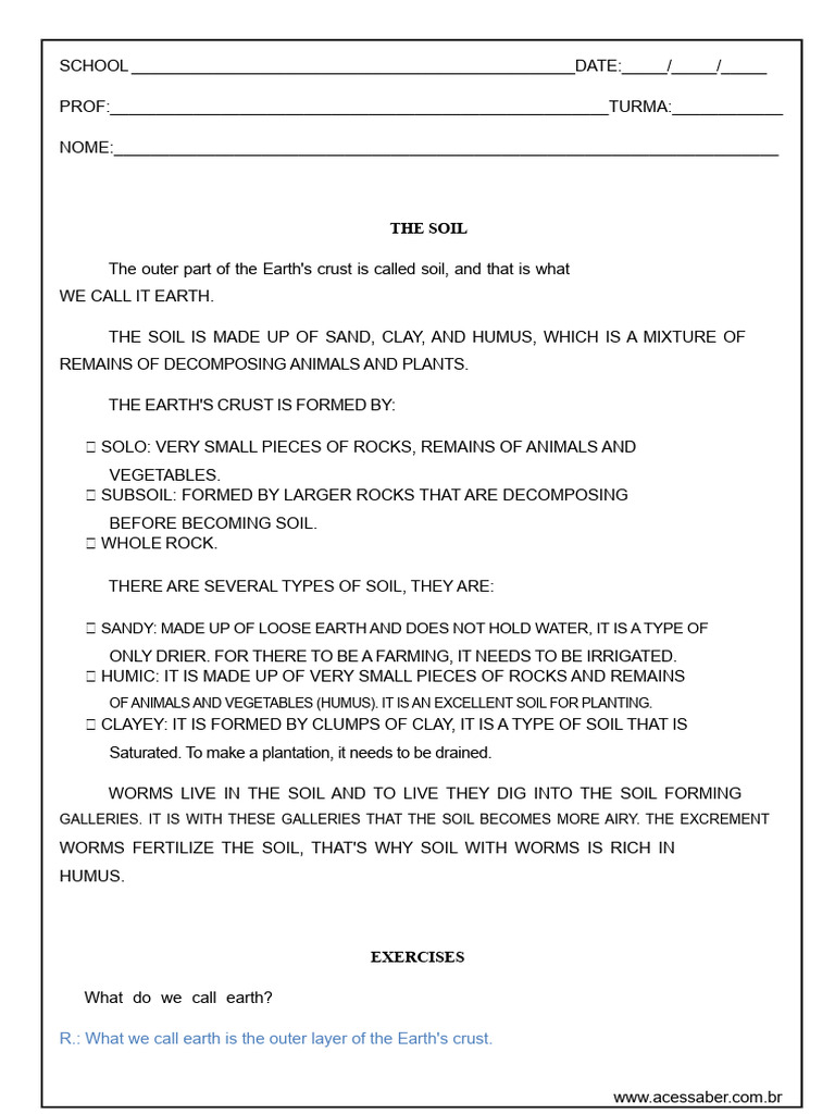 Science Activity On Soil 4th or 5th Grade Answers | PDF | Soil ...