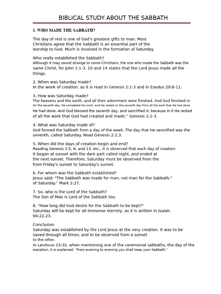 Biblical Study on the Sabbath Observance | PDF | Sabbath In ...
