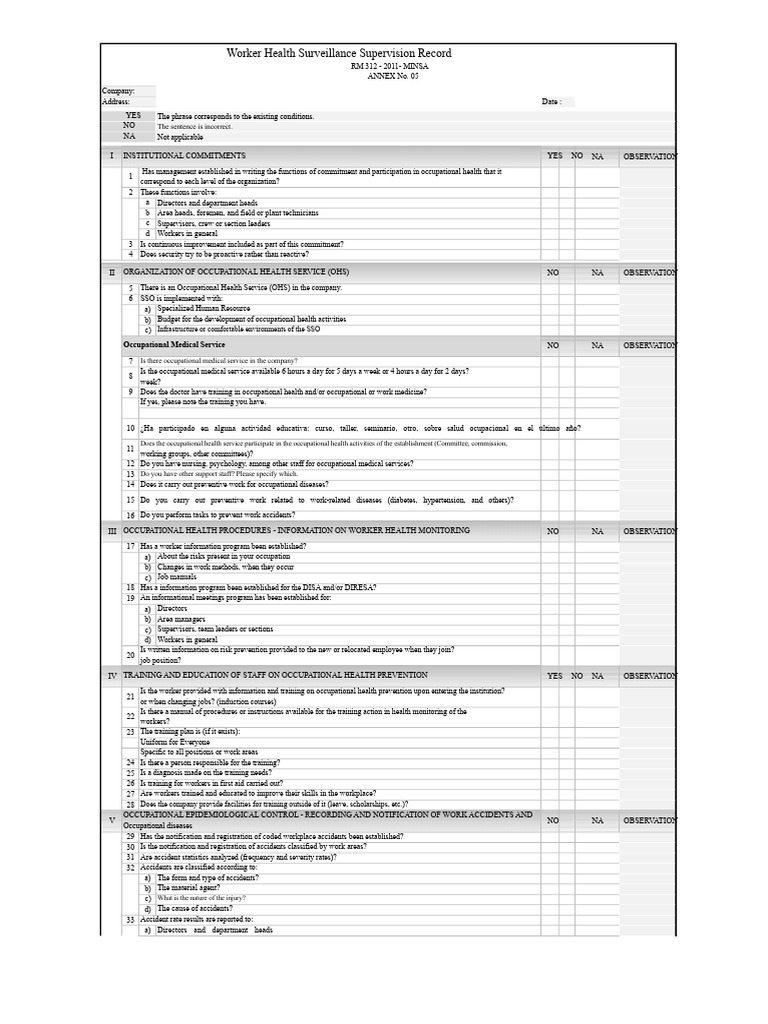 SST Supervision Form Annex 05 RM 312-2011-Minsa | PDF | Occupational ...