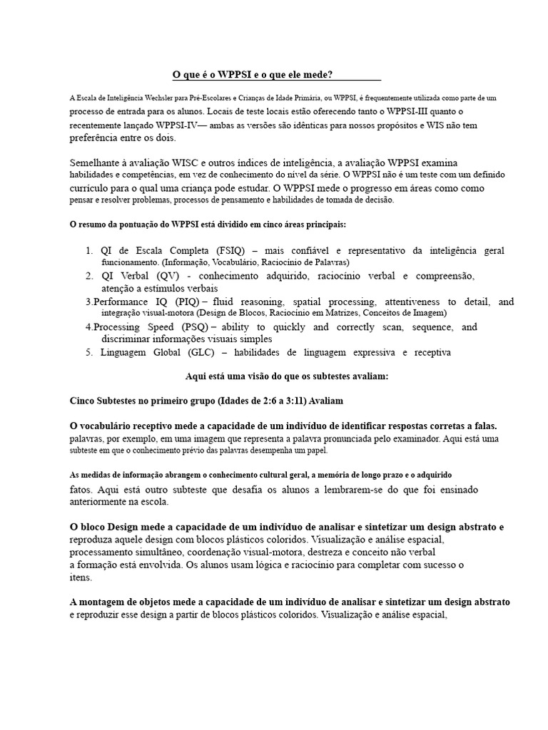 Entenda o WPPSI e suas Medidas | PDF | Quociente de inteligência ...