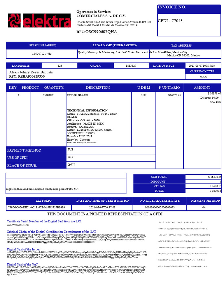 Invoice CFDI 77043 | PDF | Mexican Peso | Invoice