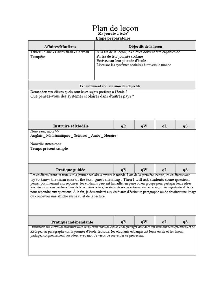 Plan de leçon : Ma journée d'école | PDF