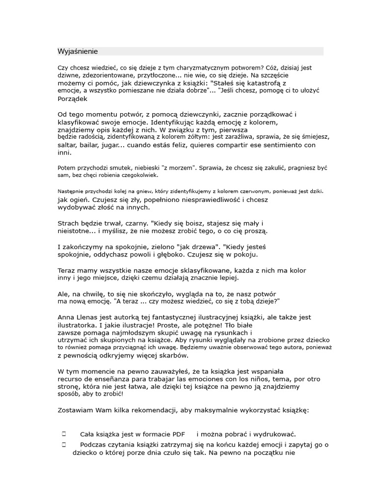 działania do opowiadania o potworze kolorów | PDF