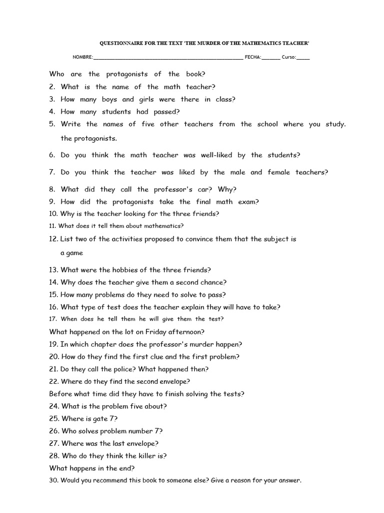 Questionnaire On The Murder of The Mathematics Teacher | PDF
