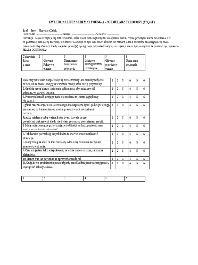 Kwestionariusz Schematów Younga | PDF