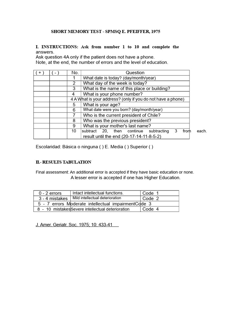 SPMSQ Short Memory Test Instructions | PDF | Question | Psychology