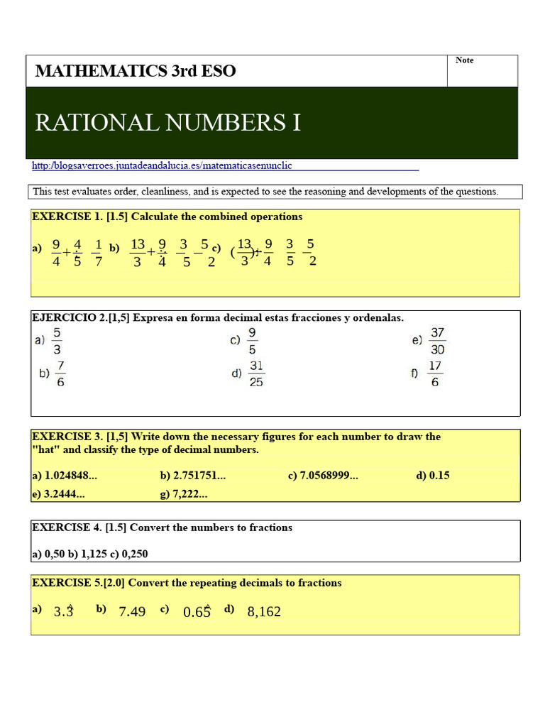 Resolved Exam Rational Numbers 1 3rd Year High School | PDF | Decimal ...