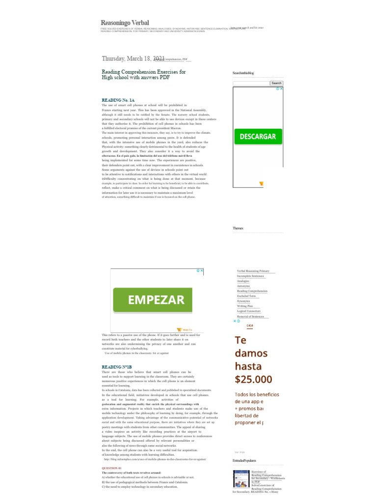 Reading Comprehension Exercises for High School with Answers PDF ...