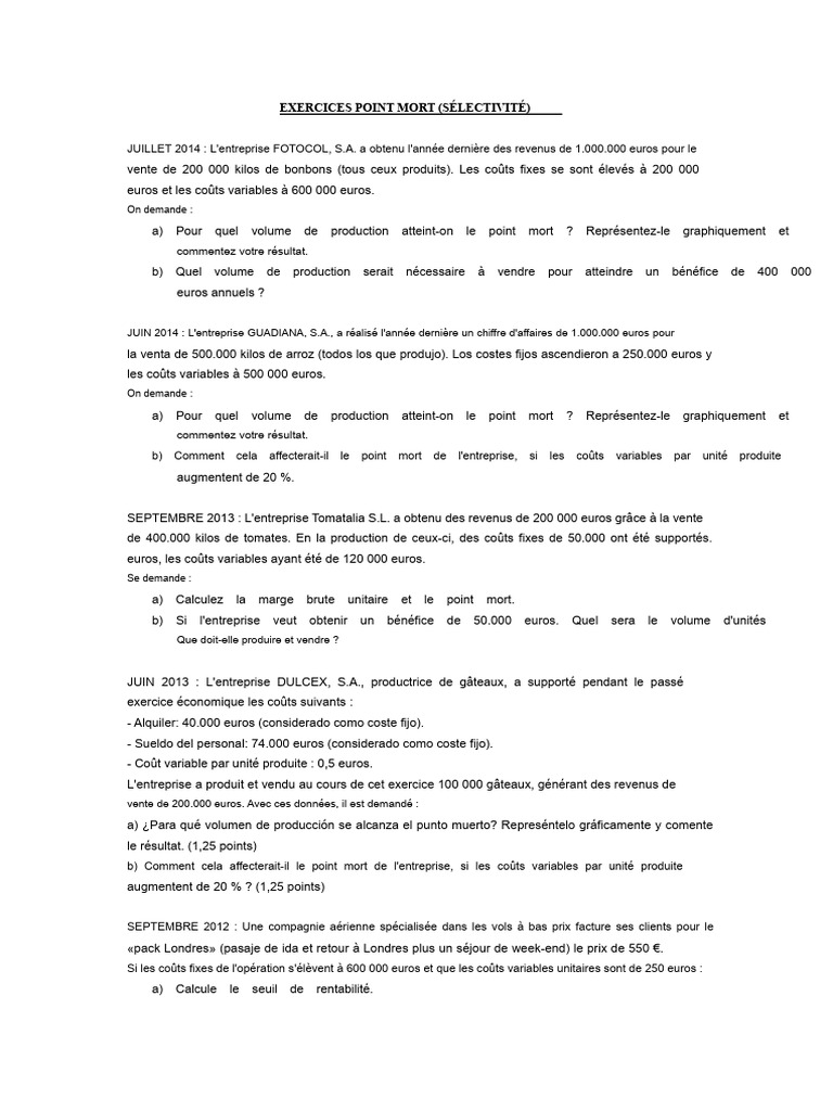 Point Mort et Rentabilité des Entreprises | PDF | euro | Comptabilité ...