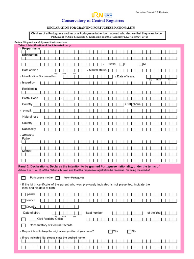 Conservatory of Central Registries: Declaration For Granting Portuguese Nationality | PDF ...