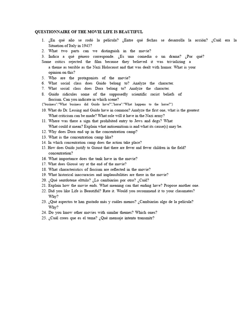 Life Is Beautiful. MOVIE QUESTIONNAIRE Life Is Beautiful. Questions 1 | PDF