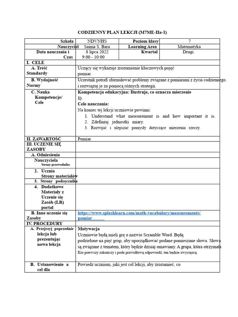 CODZIENNY PLAN LEKCJI 1 | PDF