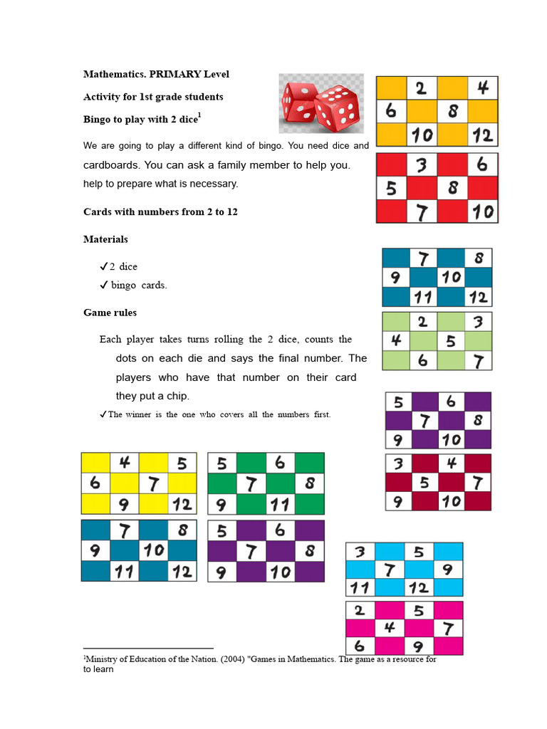 MATHEMATICS 1st Grade ELEMENTARY. Bingo To Play With 2 Dice | PDF