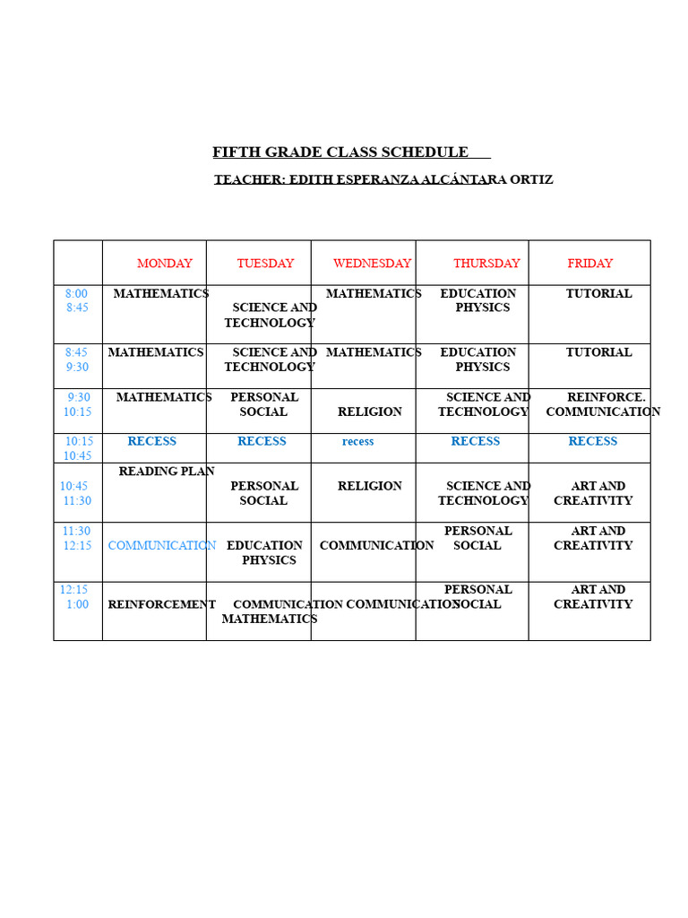 Fifth Grade Class Schedule | PDF