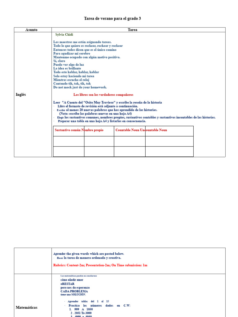 Tareas de Verano de 3er Grado 2021-22 | PDF