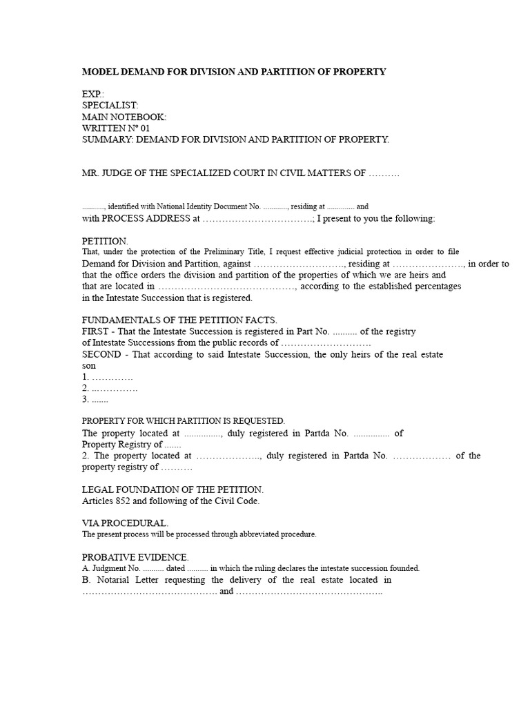 Demand for Property Division and Partition | PDF | Lawsuit | Lawyer
