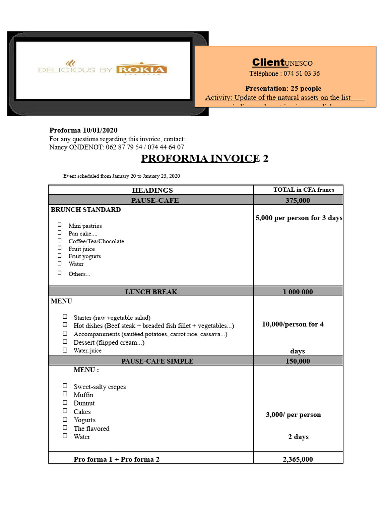 PRO FORMA 2 | PDF | Lunch | Food And Drink Preparation