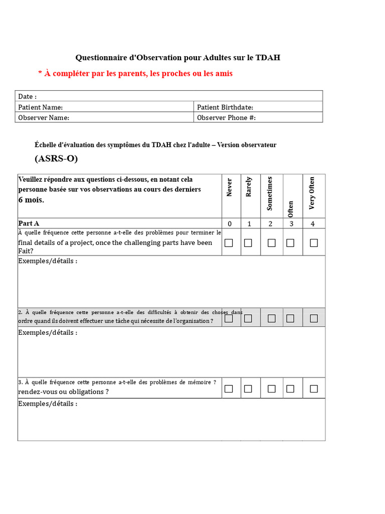 Questionnaire TDAH Adultes : Évaluation Observateur | PDF