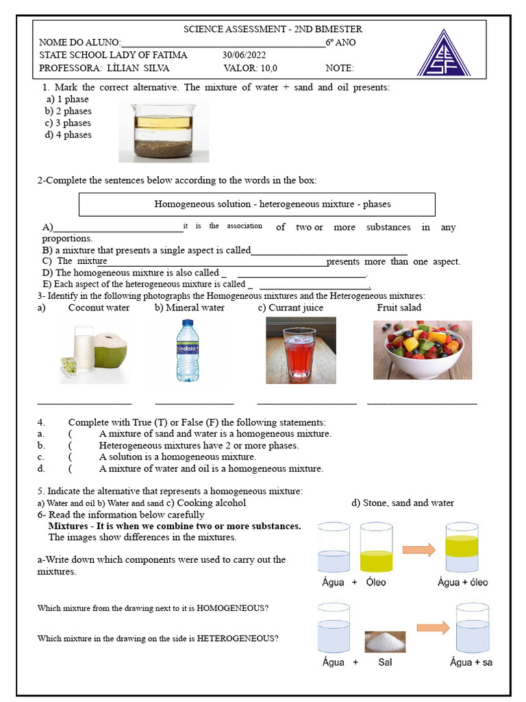 6th Grade Evaluation Mixtures | PDF | Soil | Mixture