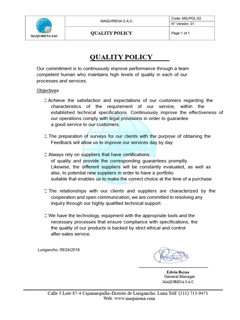 Maquirena S.A.C. Quality Policy Overview | PDF