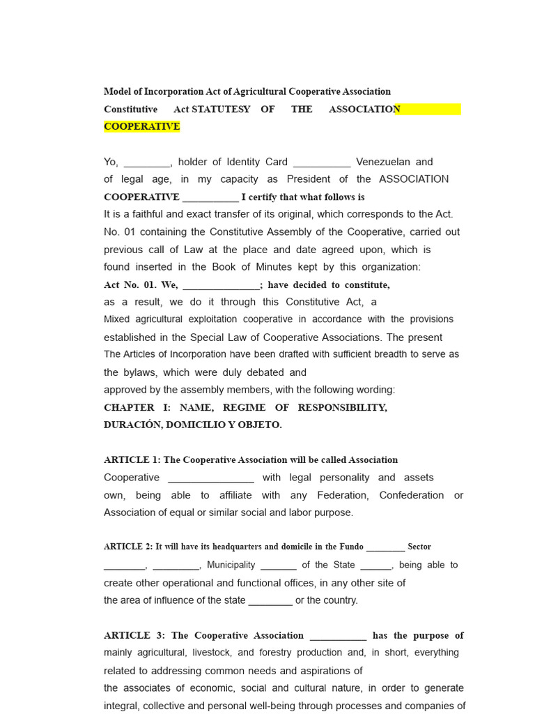Model of Founding Act of Agricultural Cooperative Association | PDF ...