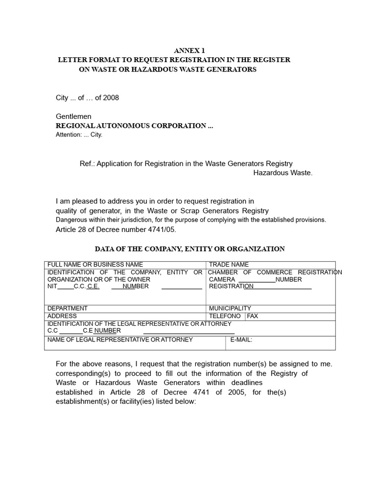 Hazardous Waste Registration Request Template | PDF